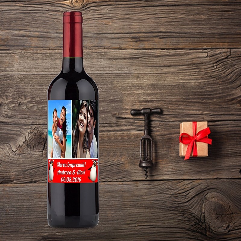 Sticlă de vin personalizată cu 2 poze și text