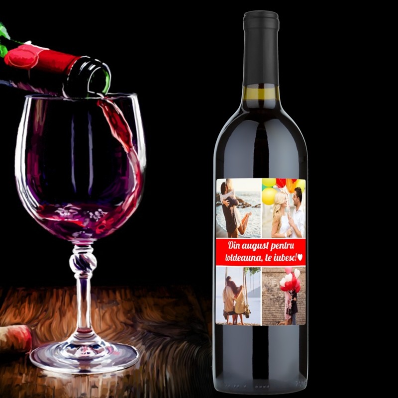 Sticlă de vin personalizată cu 4 poze și mesaj